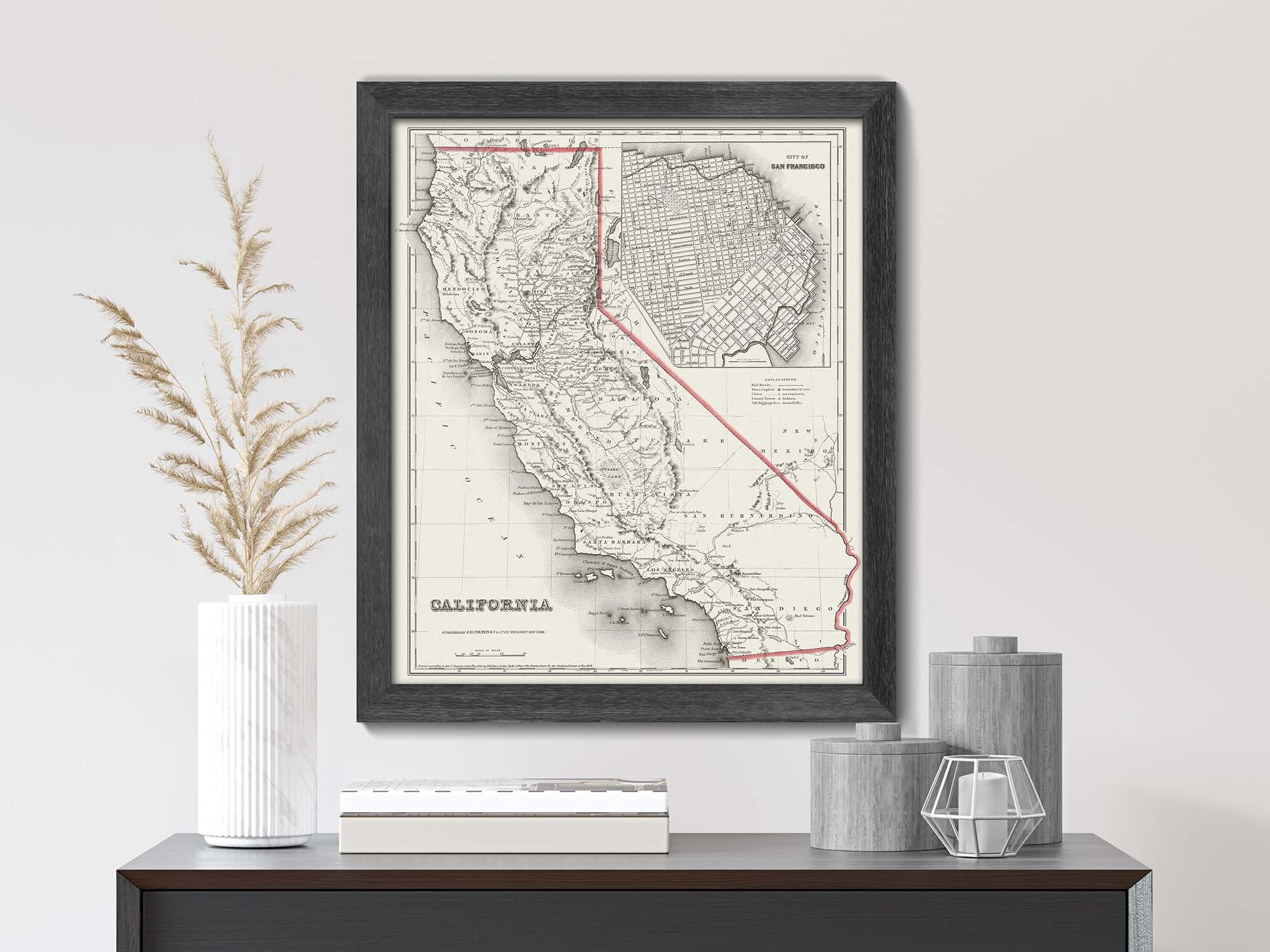 Historic State Map Art Print of California, Vintage Antique Wall Design ...