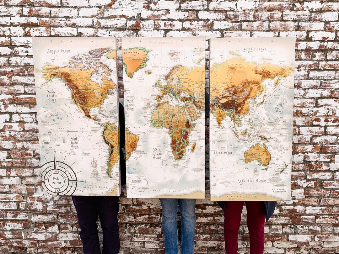 Custom Giant Multi Panel World Map Canvas Wrap, Detailed Travel Map ...