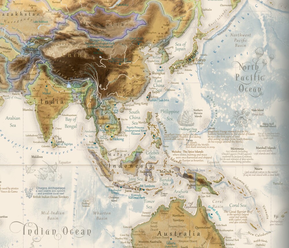 Detailed Elevation Map of the World, Vintage Browns With Modern ...