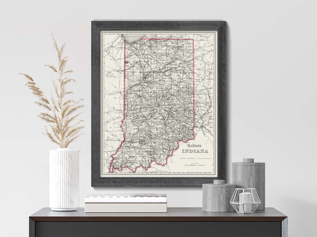 Historical Indiana Map Print, County Lines, Railroad Roads ...