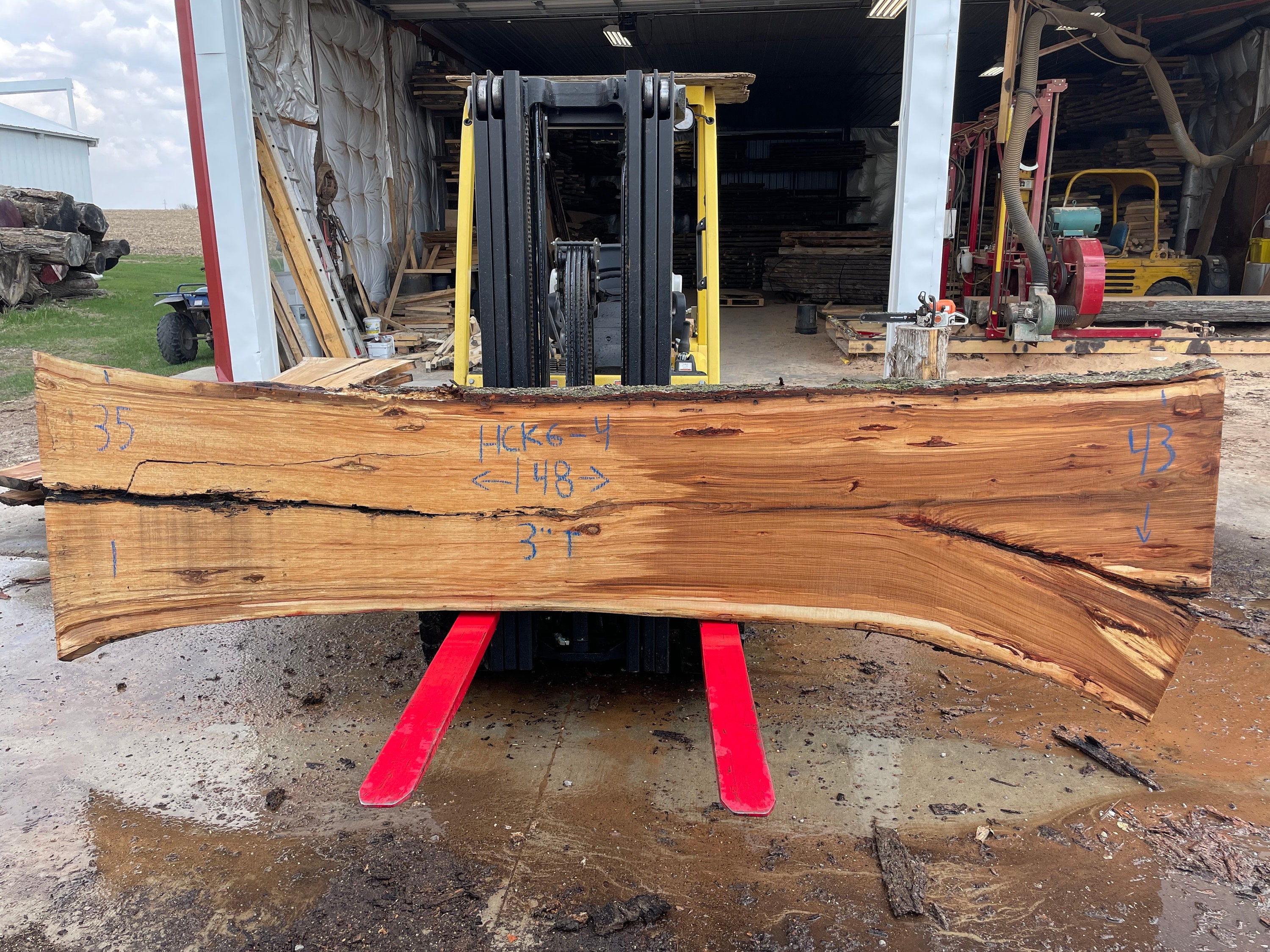 Straight Rustic Hickory Live Edge Slab 148" X 35-43" X 3" Perfect for ...