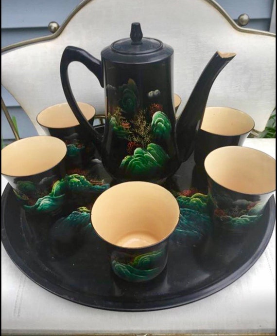 9 Piece Vintage Black Lacquer Hand Painted Teaset/suki Black | Etsy