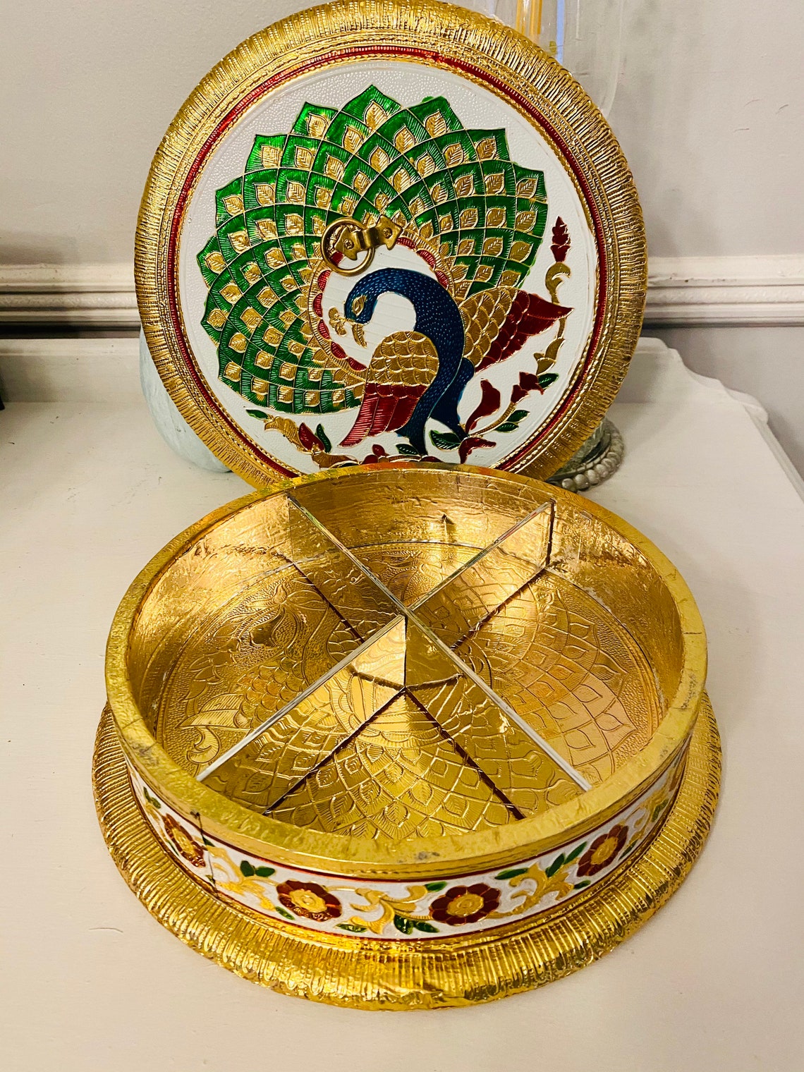 Vintage Gold Foil Embossed Peacock Container/ Peacock Storage Tin/gold ...