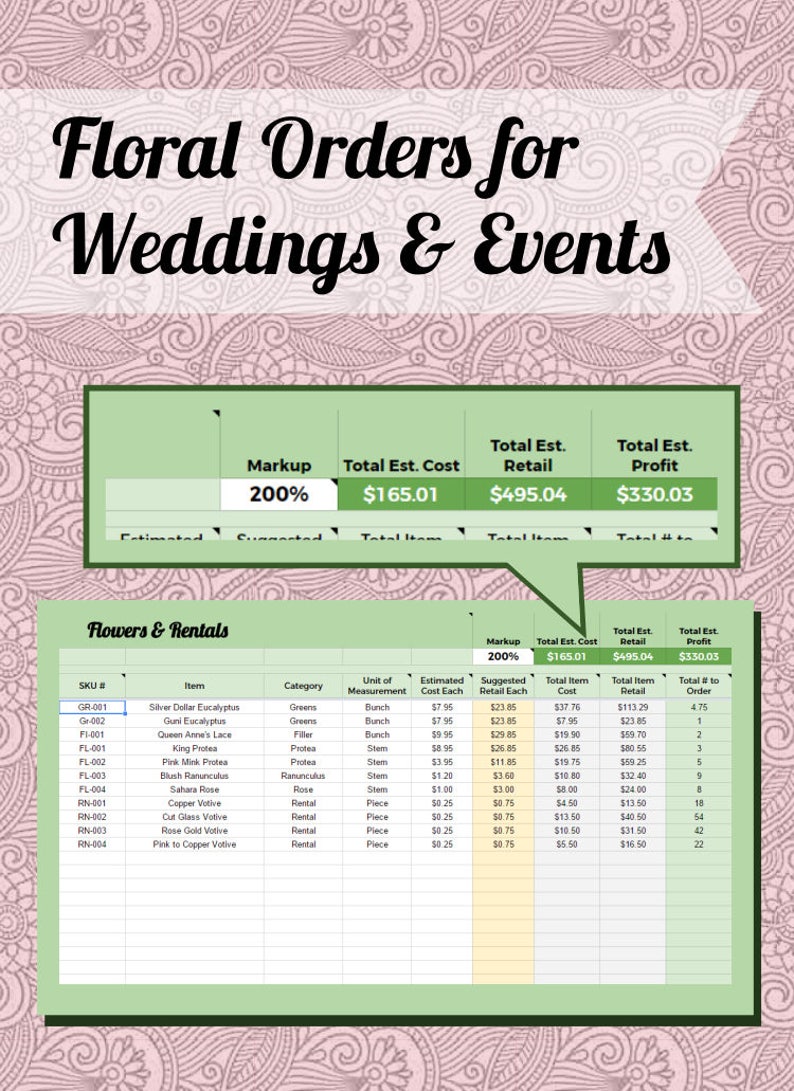 Floral Order Spreadsheet for Weddings & Events - Etsy