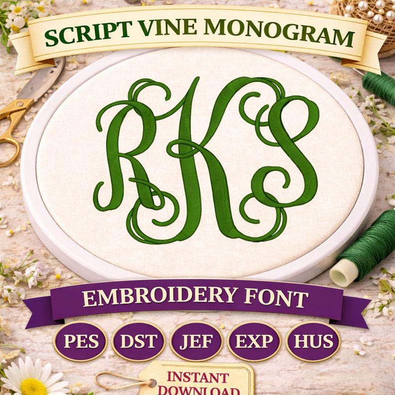 Script Vine Monogram Embroidery Font | PES DST JEF Exp Hus Embroidery ...