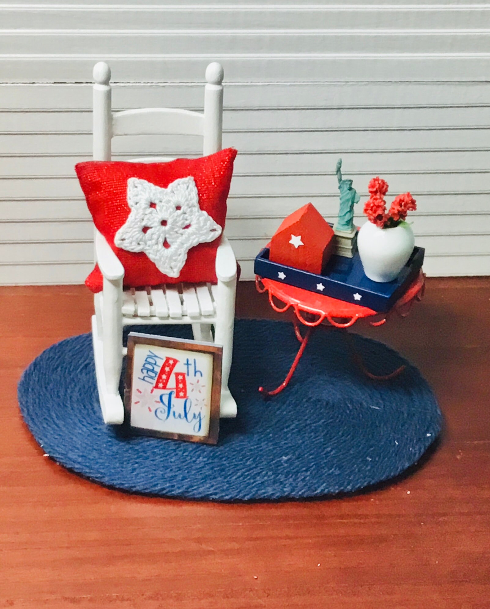 Dollhouse Miniature Fourth Of July Red Wooden Stand or Red Flowers in a ...