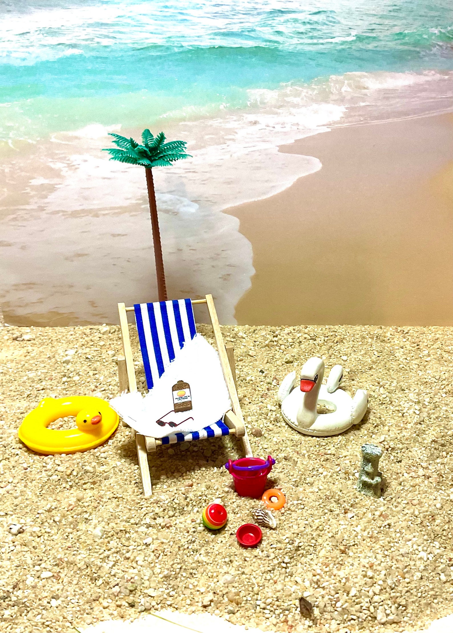 Dollhouse Miniature Beach Scene, Beach Chair, Duck Swim Ring, Swan Swim ...