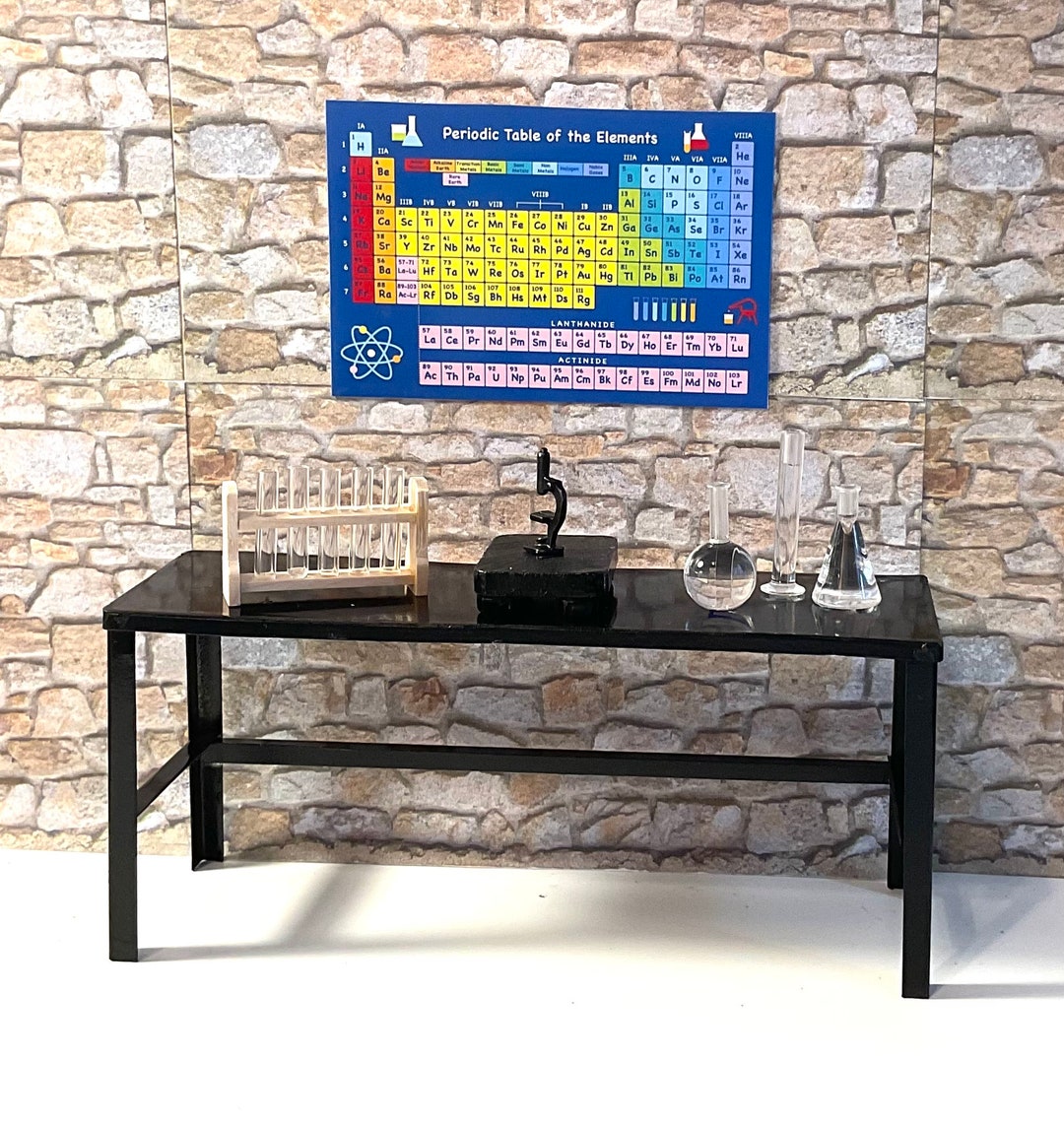 Dollhouse Miniature Science Lab, Black Metal Table, Periodic Table ...