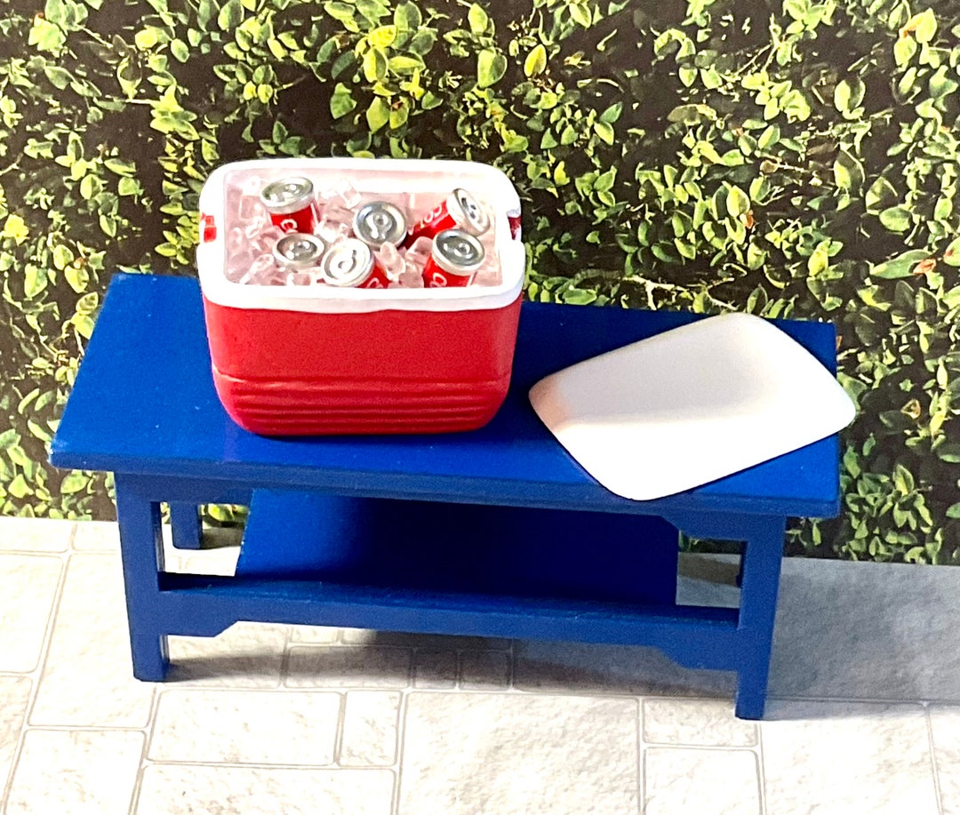 Dollhouse Miniature Red Ice Chest With Ice, (6) Cola Cans and the Lid ...