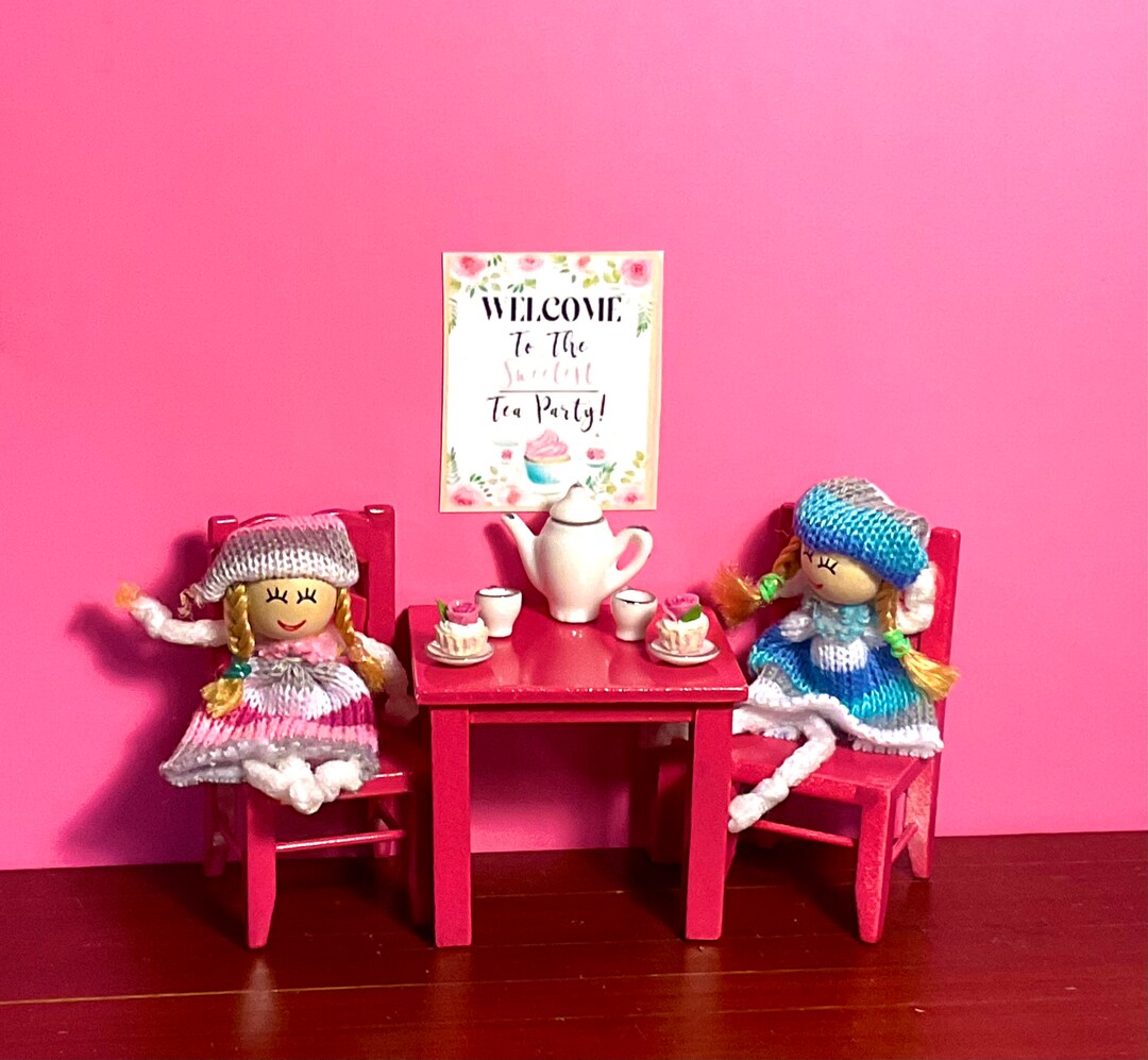 Dollhouse Miniature Tea Party, Miniature Wooden Pink Table, Pitcher ...