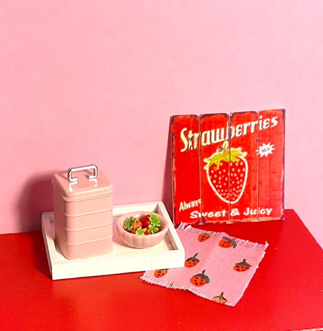 Dollhouse Miniature Bowl of Strawberries, White Wooden Tray, Pink ...