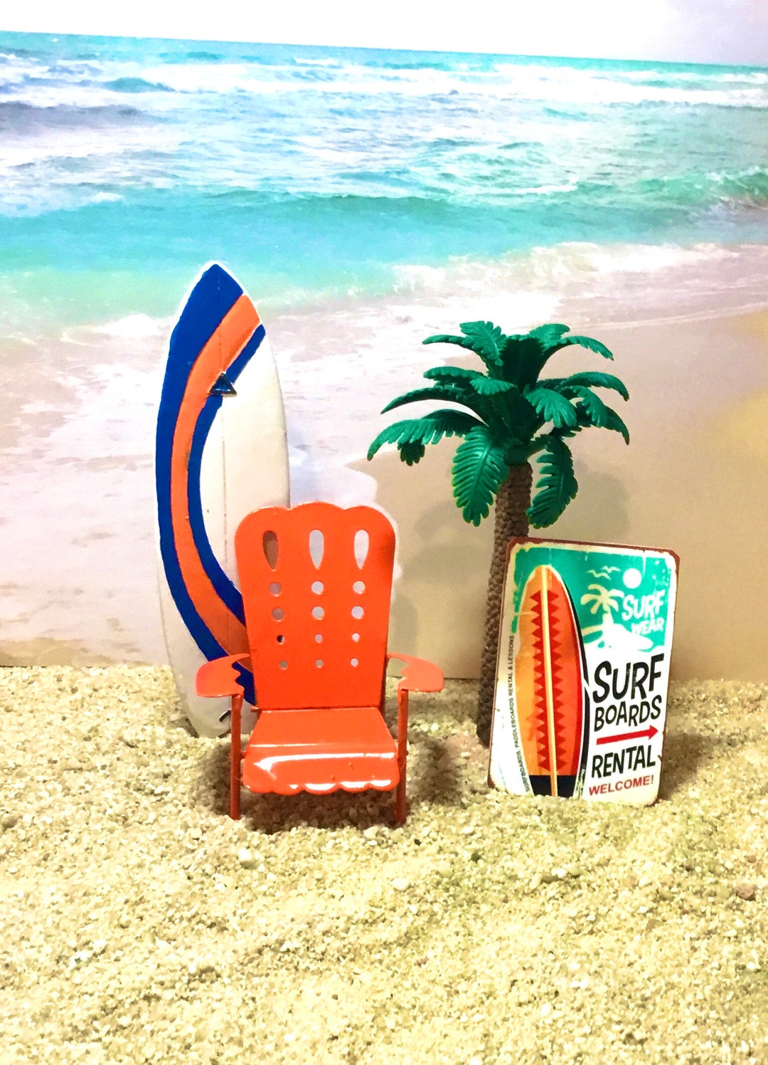 Dollhouse Miniature Beach Scene, Miniature Surfboard, Miniature Palm ...
