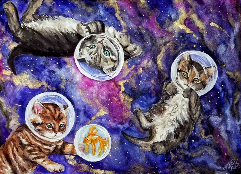 Space Kitten Art Print, Fantasy Kitten Print, Space Animals, Cute ...