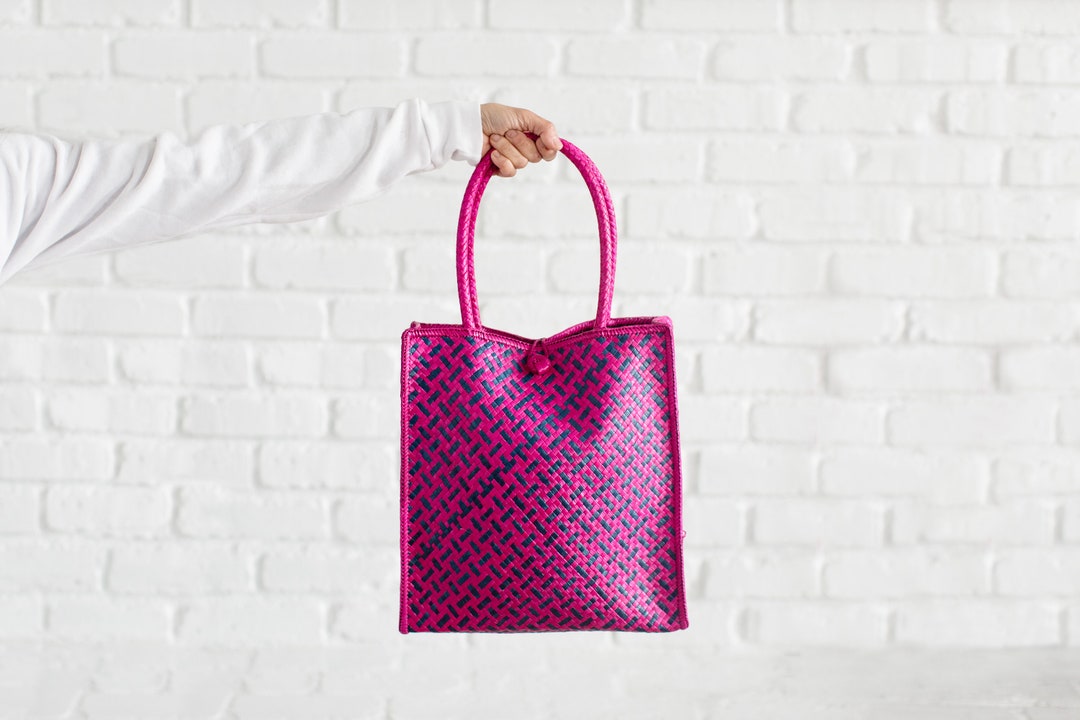 Fuchsia Woven Bag With Handles, Pink Straw Tote Bag, Shopping Tote Bag ...
