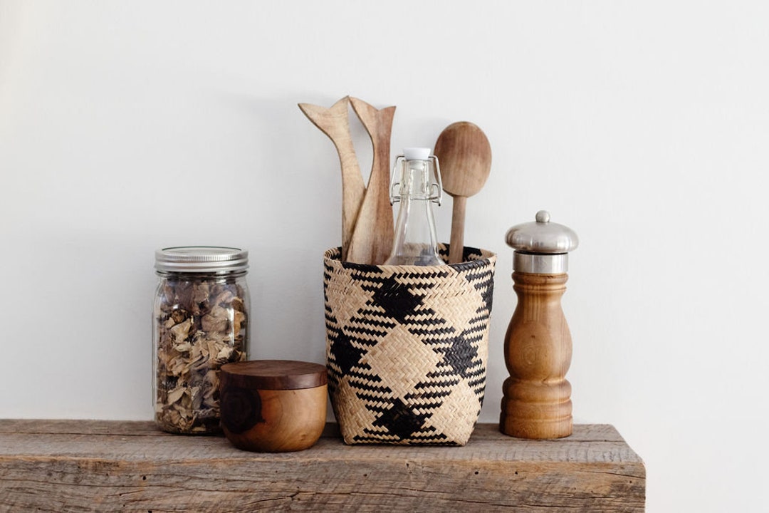 Boho Kitchen Gift, Utensil Holder, Noir Stripes Basket, Rattan Basket ...
