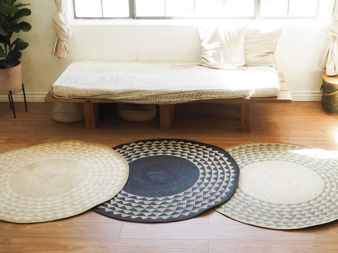 Round Woven Rug, Midnight Blue Rug, Living Room Rug, Seagrass Circle ...