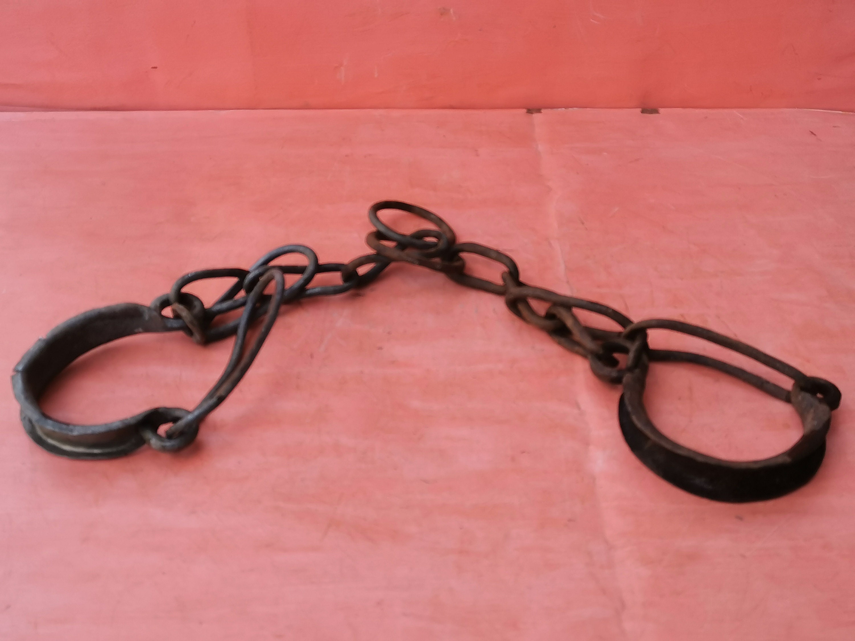 Old Antique Primitive Hand Wrought Forged Iron Double Shackles Used for ...