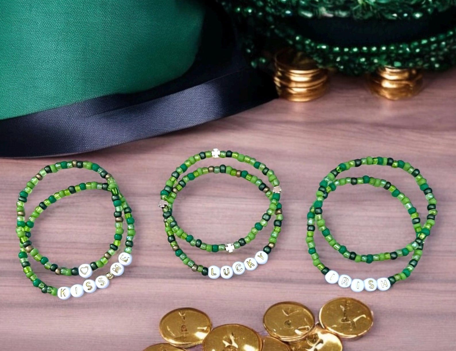 Personalizable St. Patrick’s Day Bracelets, Stackable, Seed Bead ...