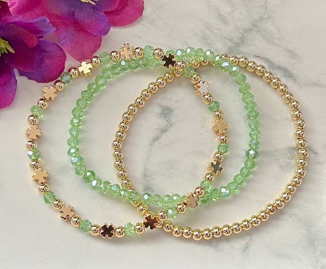 St. Patrick’s Day Bracelet, Shamrock, Four Leaf Clover, 18K Gold, Green ...