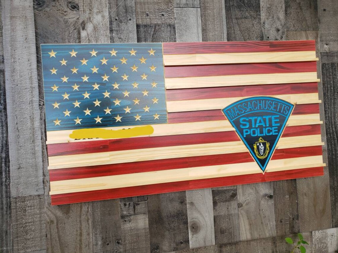 Massachusetts state police thin blue line rustic American flag | Etsy