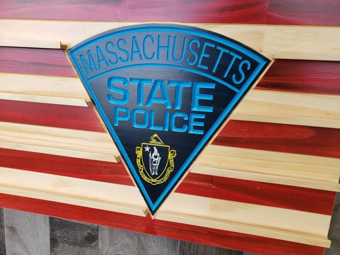 Massachusetts state police thin blue line rustic American flag | Etsy