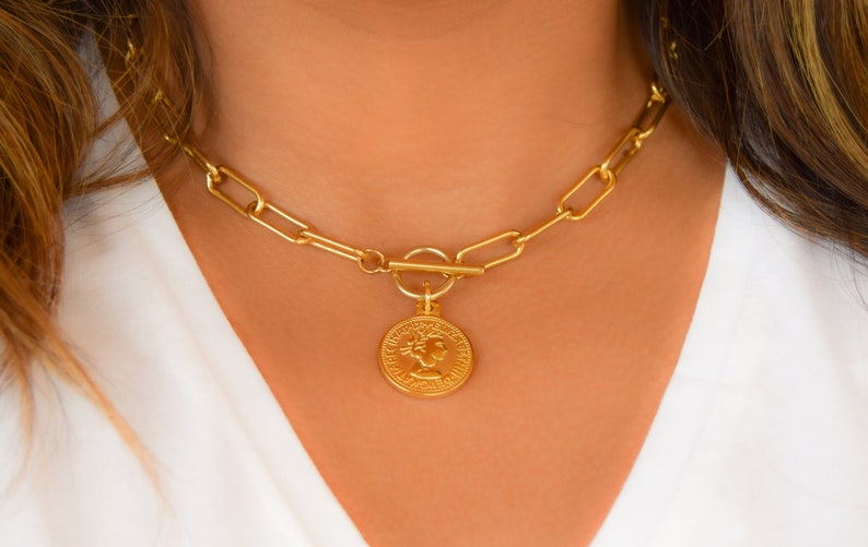 Coin Paperclip Chain Necklace, Coin Chain Link Necklace, Coin Chain ...