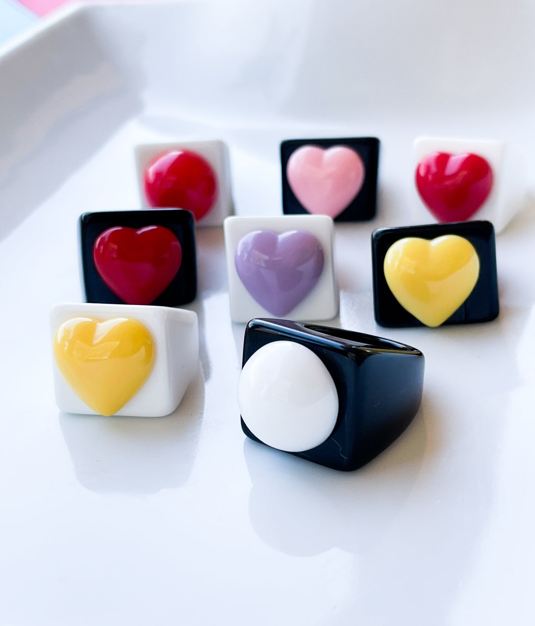 Colorful Chunky Heart Ring, Colorful Chunky Dot Ring, Geometric Ring ...