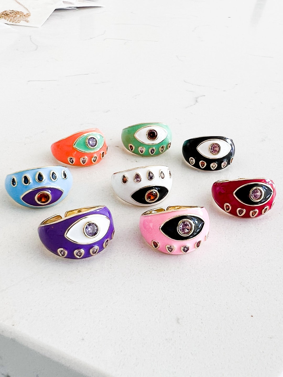 Dome Evil Eye Ring, Blue Evil Eye Ring, White Evil Eye Ring, Studded ...