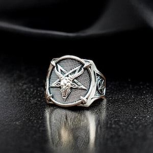 Baphomet Ring, Sigil of Baphomet Inverted Pentagram 925 Sterling Silver Satanic Satan Ring Gift ...