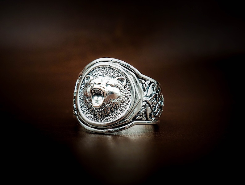 Mens Silver Bear Ring Bear Head Signet Ring Bear Men's - Etsy