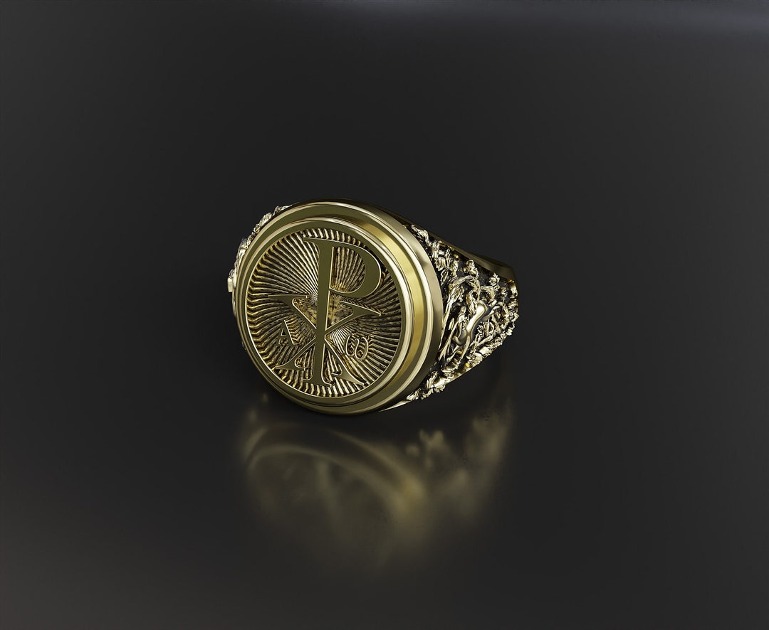 Chi Rho Alpha and Omega Christian Ring, Mens Chi Rho Ring Brass Jewelry ...