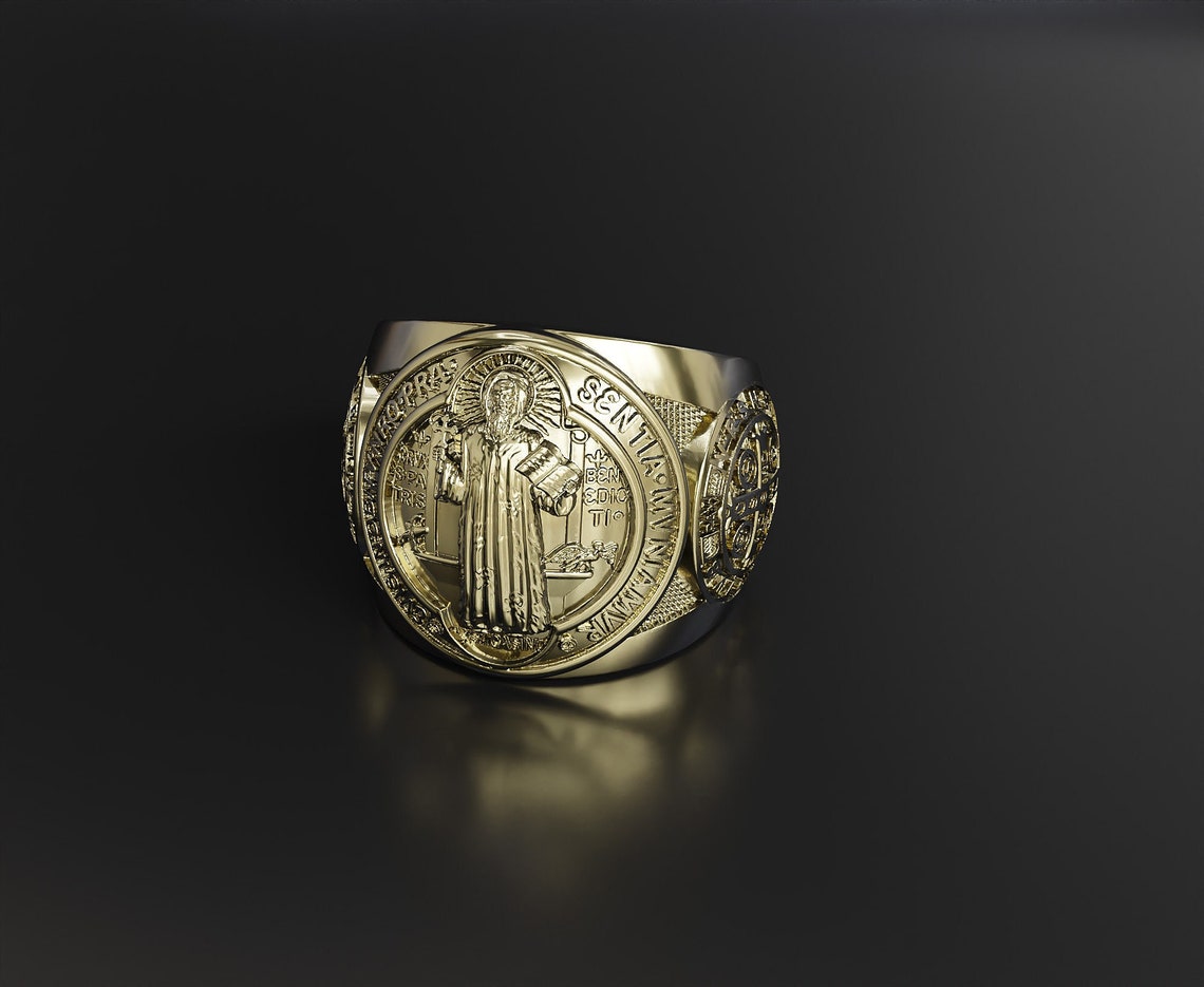 Saint Benedict Brass Signet Ring, Catholic Exorcism Protection Jewelry ...