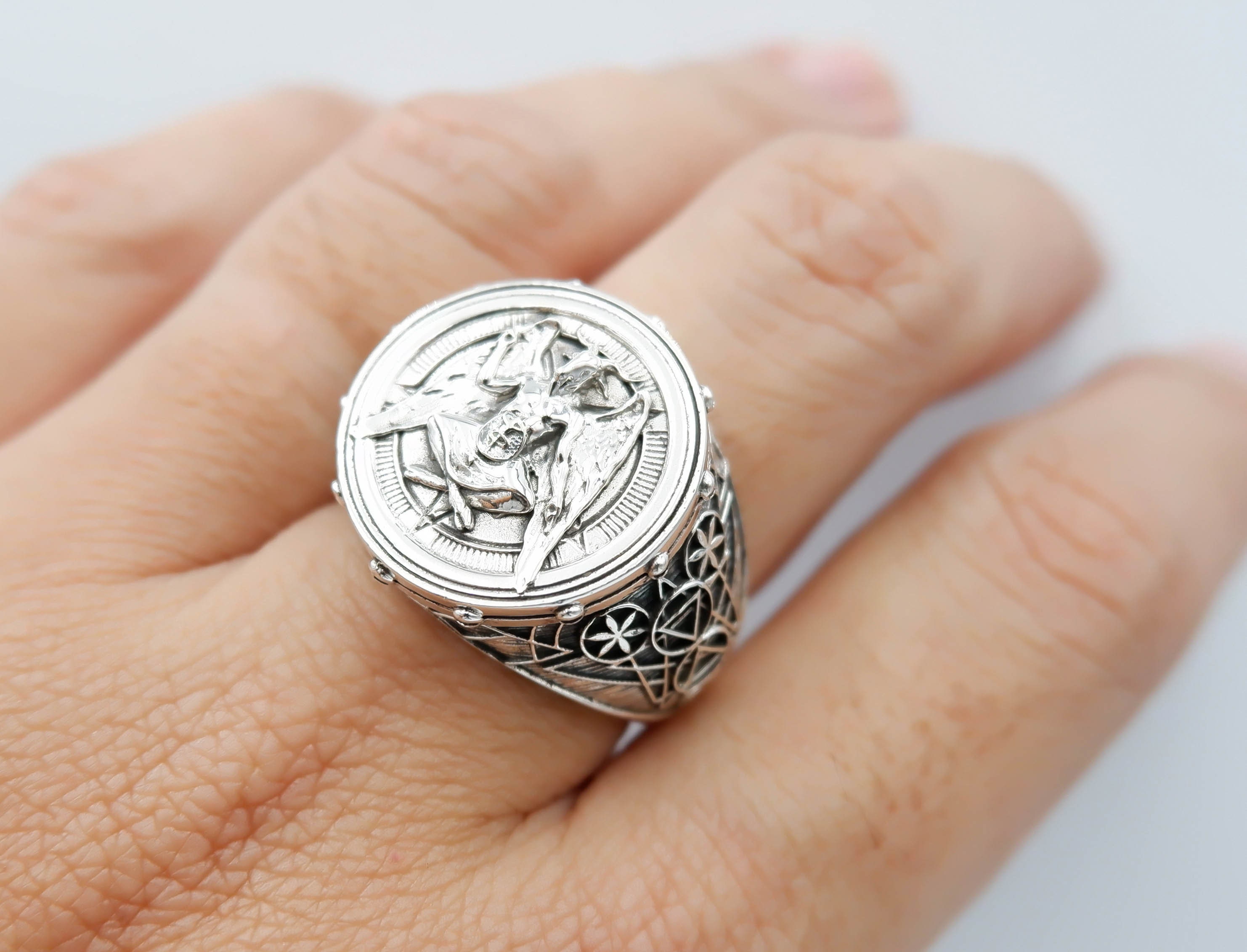 925 Sterling Silver Satanic Baphomet Ram Skull Ring - Etsy