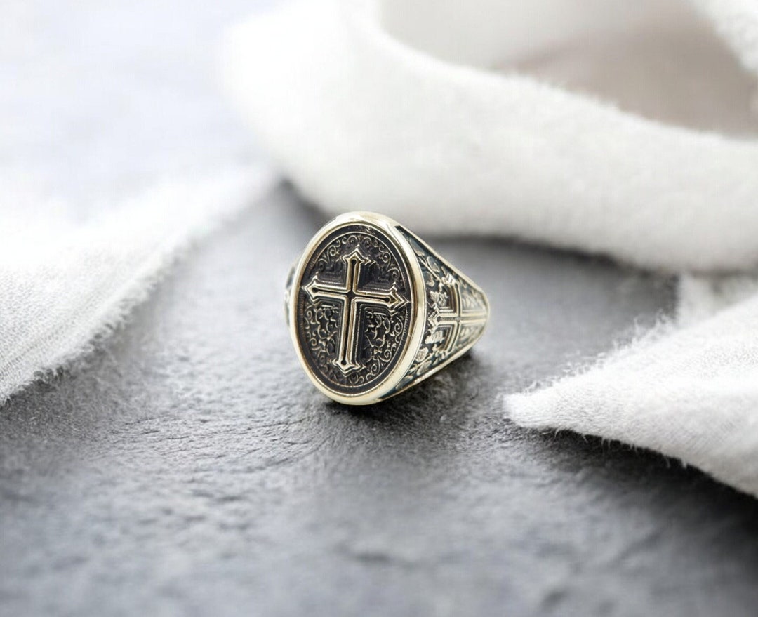 Signet Cross Ring, Jesus Cross Men's Rings Christian Catholic Mens ...