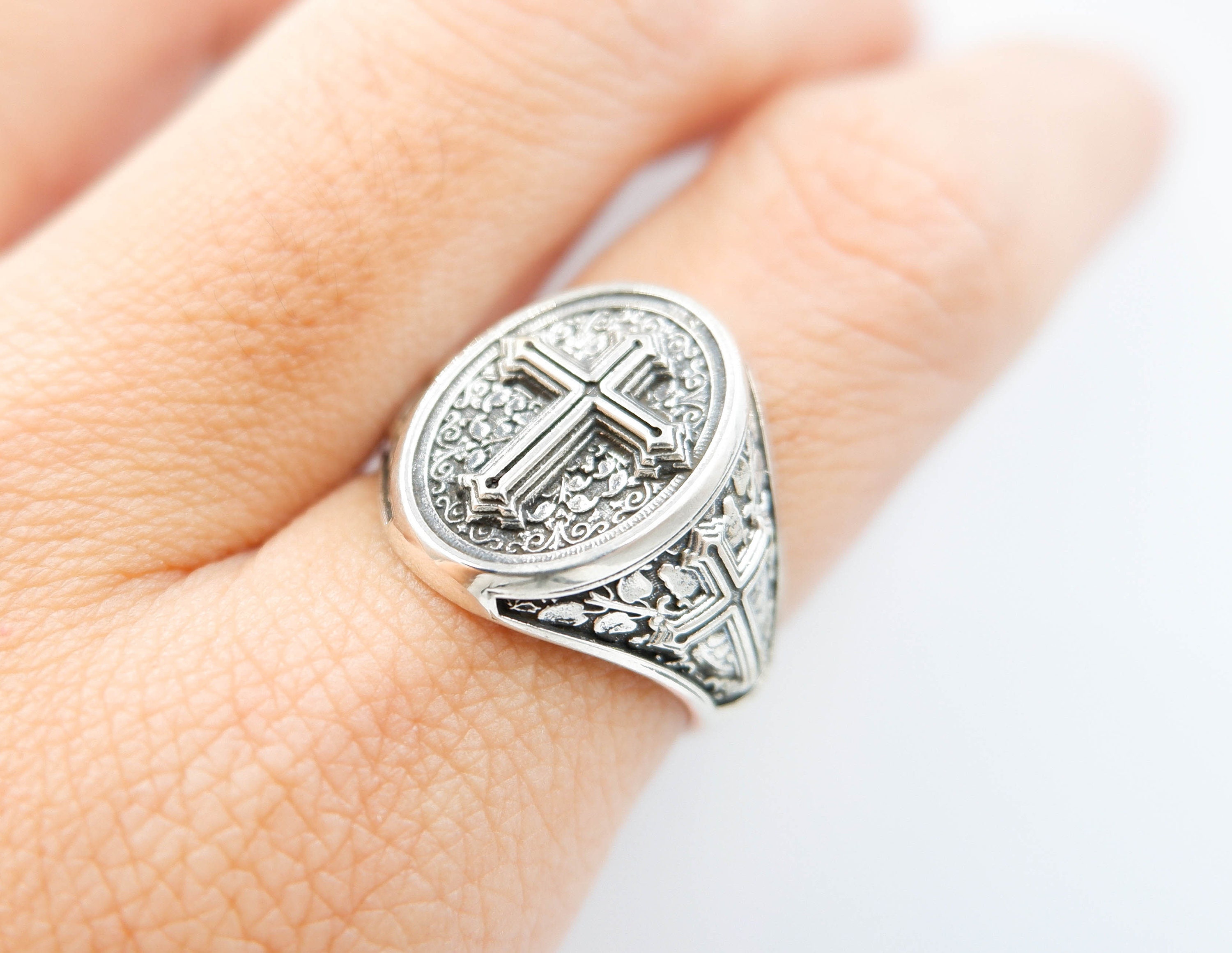 925 Sterling Silver Signet Cross Ring, Jesus Cross Men's Rings ...