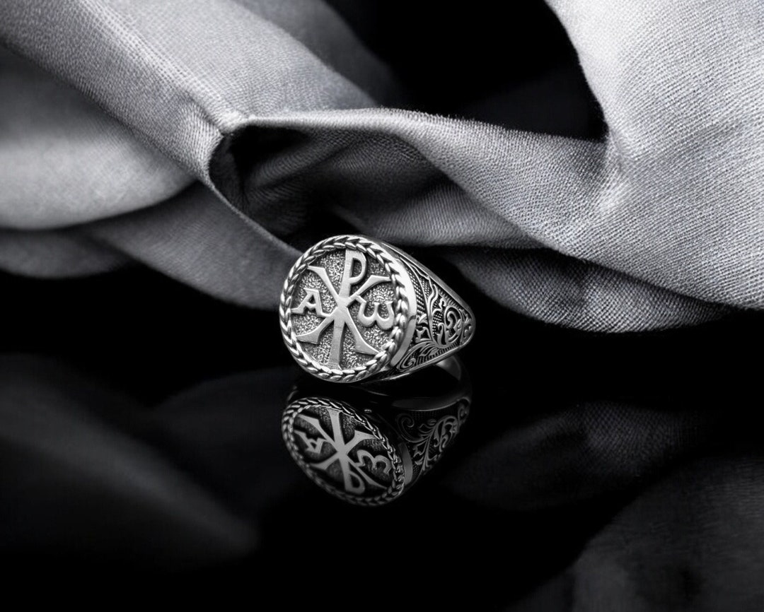 925 Sterling Silver Chi Rho Ring, Chi Rho Alpha and Omega Ring, Chi Rho ...
