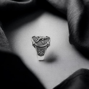 Baphomet Ring, Sigil of Baphomet Inverted Pentagram 925 Sterling Silver Satanic Satan Ring Gift ...