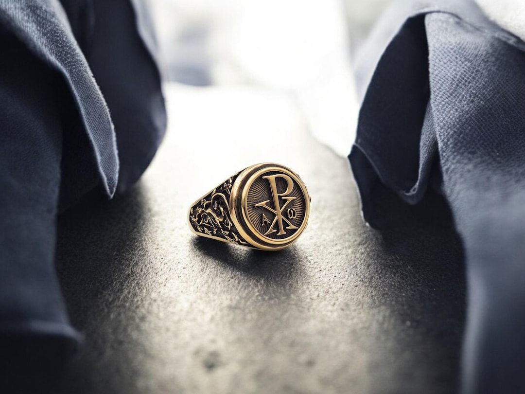 Chi Rho Alpha and Omega Christian Ring, Mens Chi Rho Ring Brass Jewelry ...