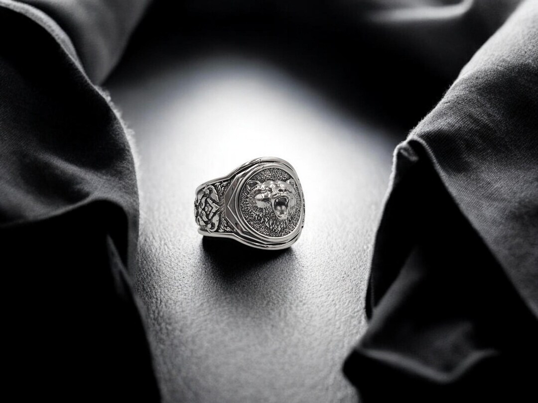 925 Sterling Silver Bear Head Ring, Mens Signet Ring - Etsy