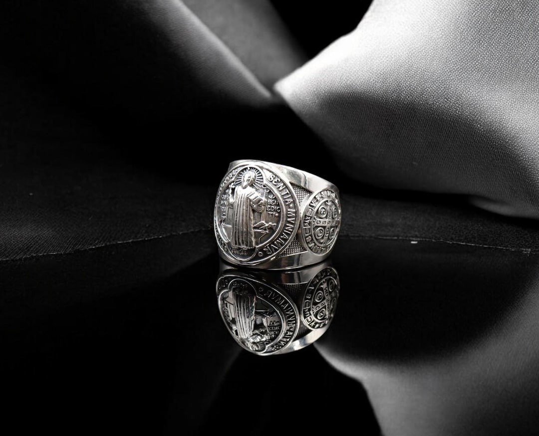 925 Sterling Silver Saint Benedict Ring, St Benedict Men Signet Ring ...