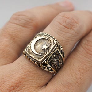 Islam Symbol Star and Crescent Moon Ring, Muslim Star Cresant Mens Ring ...