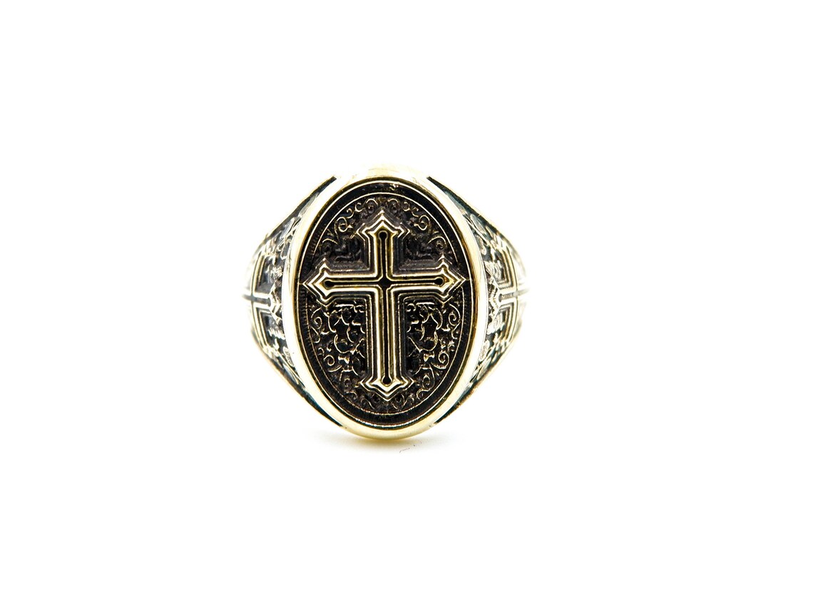 Signet Cross Ring, Jesus Cross Men's Rings Christian Catholic Mens ...