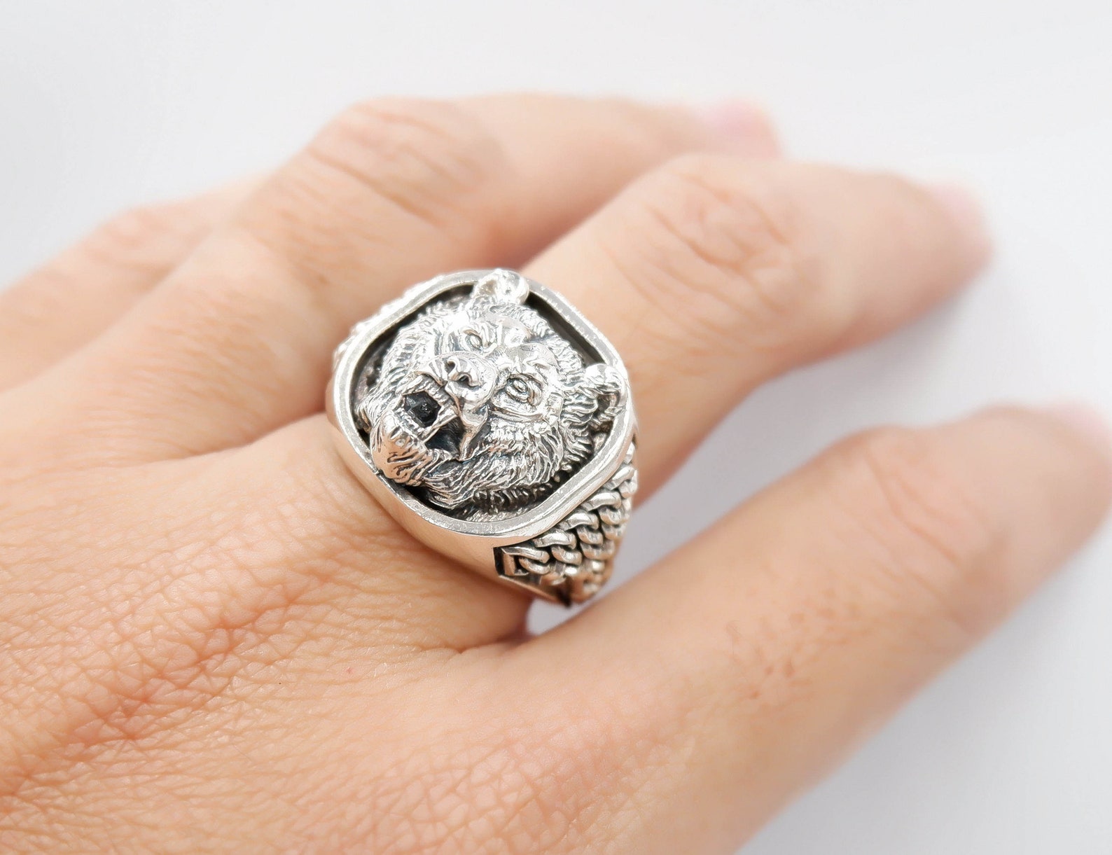 925 Sterling Silver Bear Ring, Bear Head Signet Ring, Bear Men's Ring ...