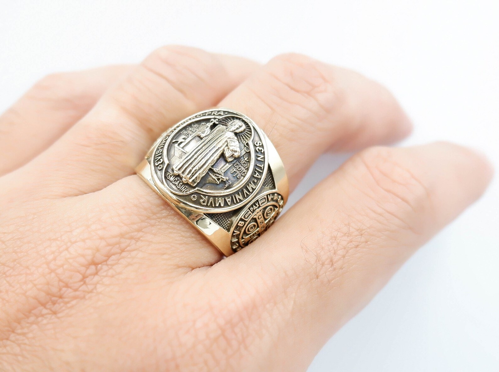 Saint Benedict Brass Signet Ring, Catholic Exorcism Protection Jewelry ...