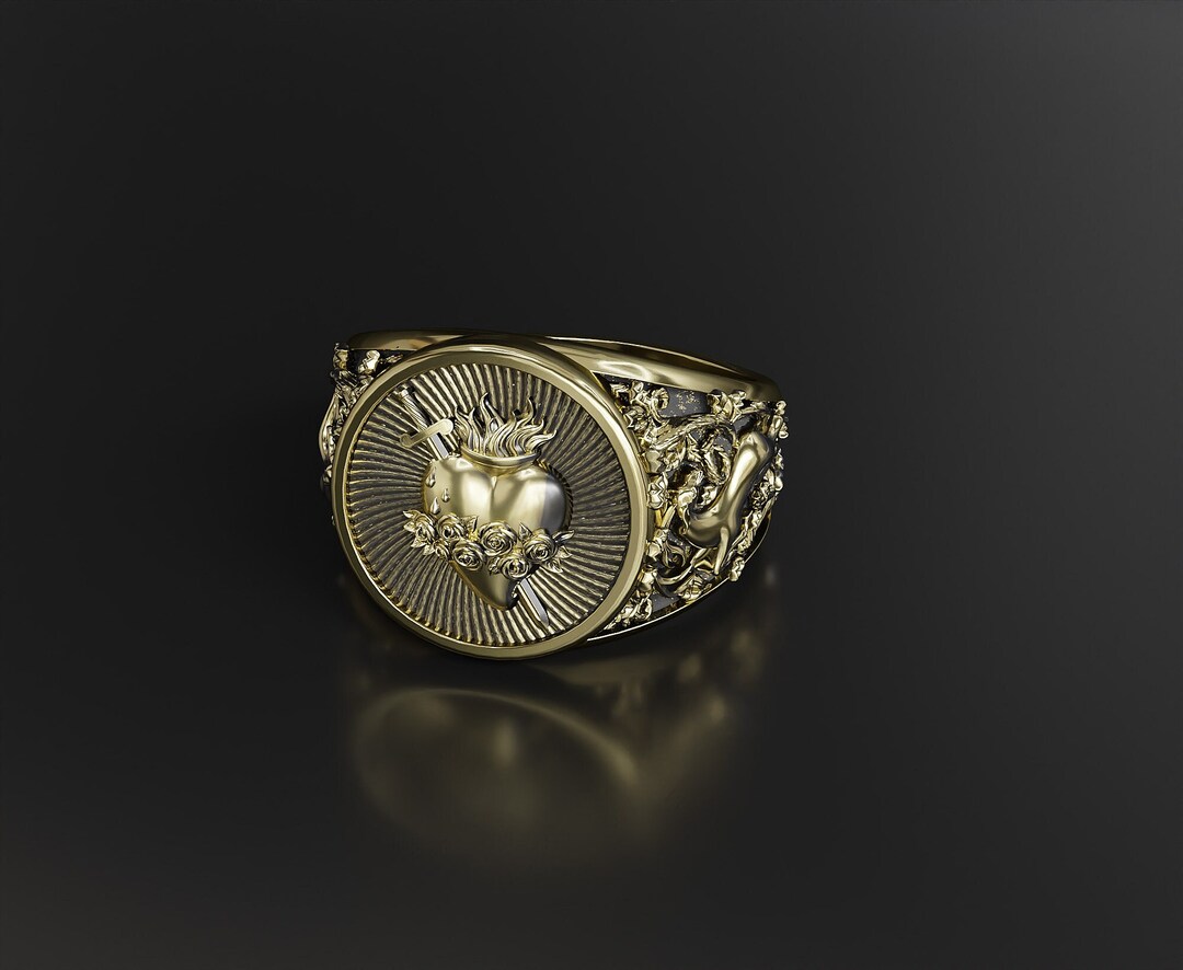 Sacred Heart Ring With Flower and Sword Brass Jewelry Gift for Him ...