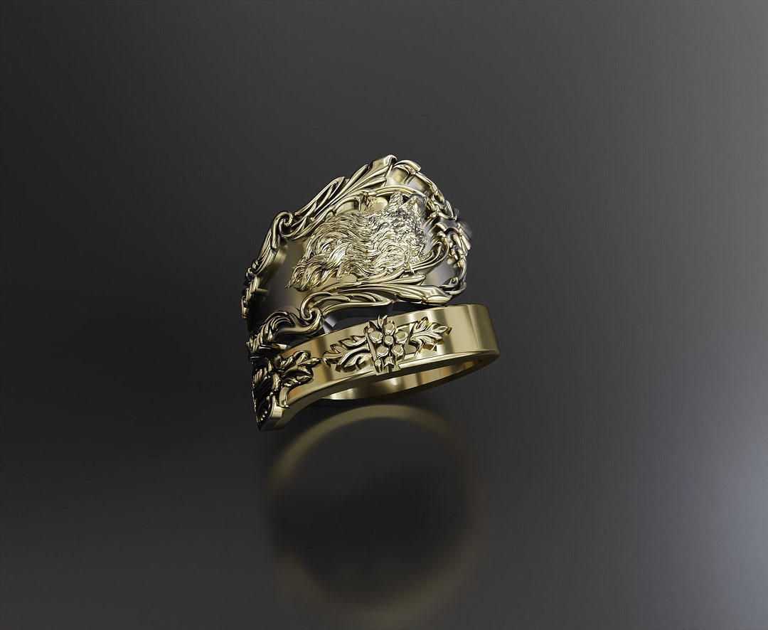 Howling Wolf Ring, Wolf Ring, Wolf on Crescent Moon Ring, Animal Head ...