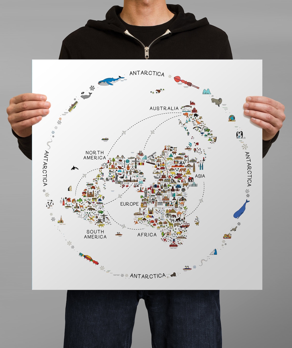 Illustrated Flat Earth Map Cartoon Map Featuring Landmarks - Etsy
