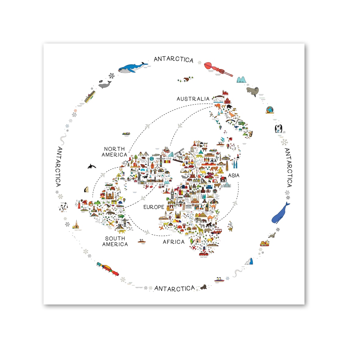 Illustrated Flat Earth Map - Cartoon Map Featuring Landmarks and ...