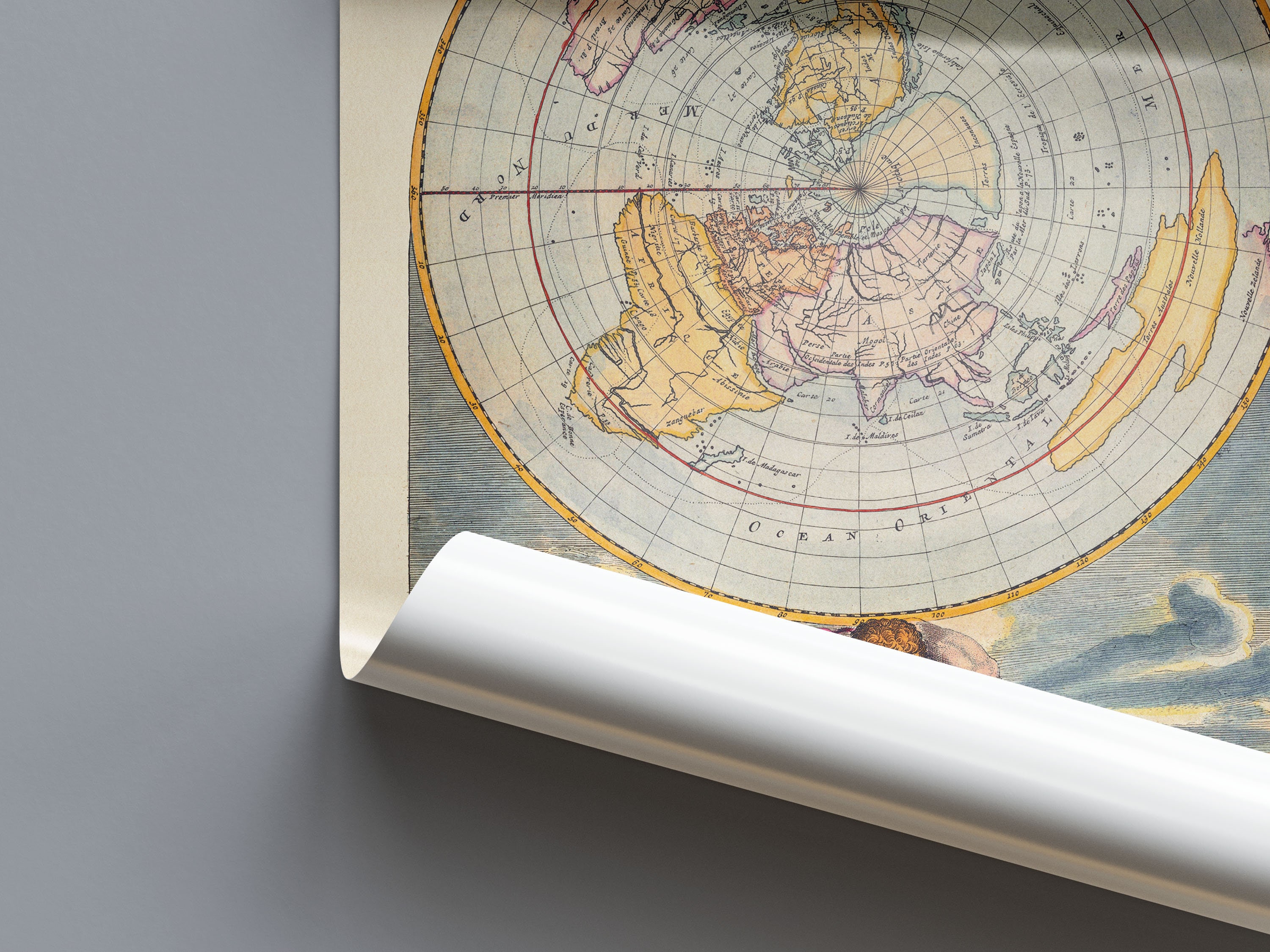 Vintage Flat Earth Planisphere World Map Print -1715 - Louis Renard ...