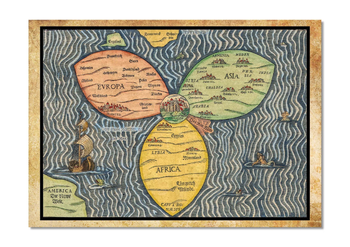 The Bünting Clover Leaf Map (the World in a Cloverleaf) Old Map, Large ...